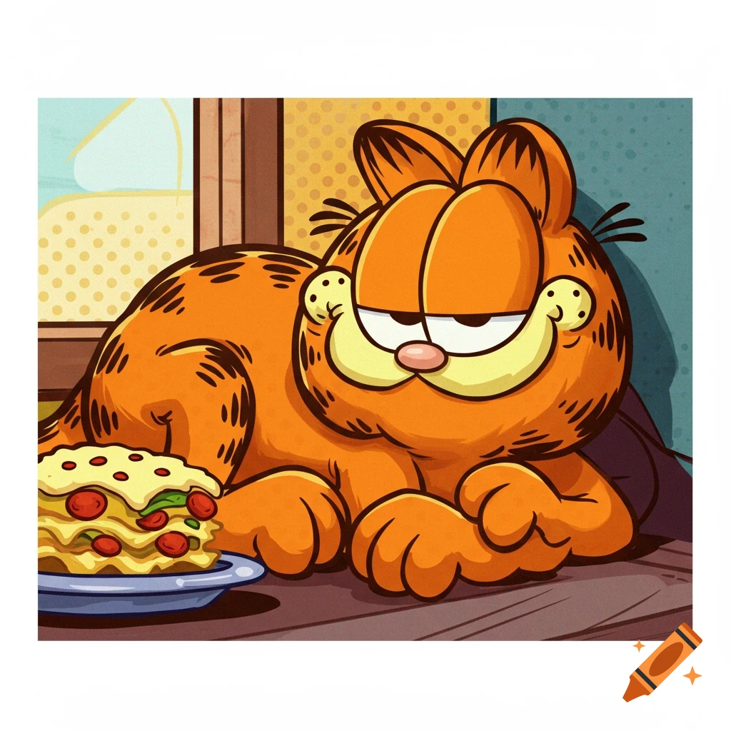 Cartoon of Garfield the cat lounging in an armchair next to a plate of ...