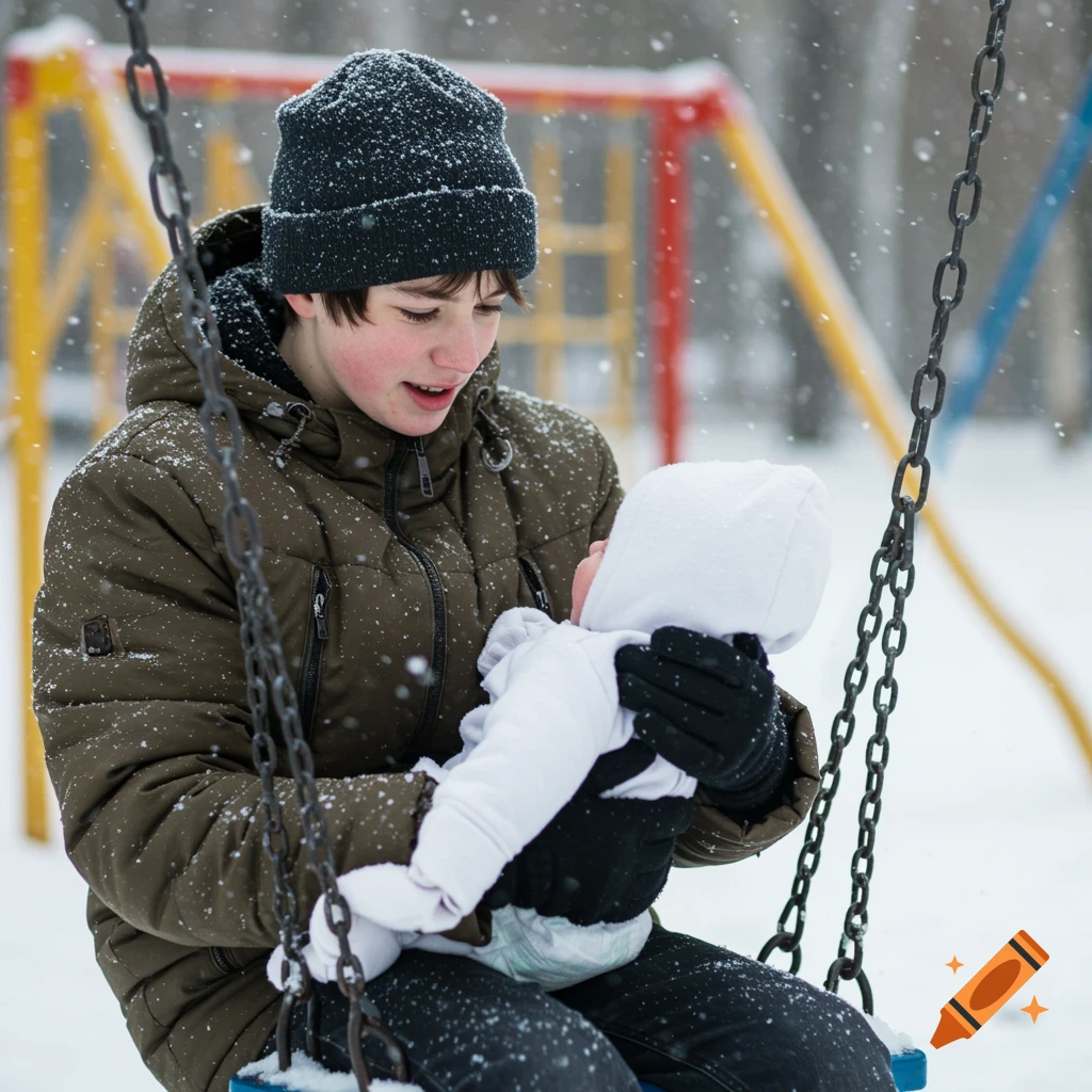 Russian teenage boy holding newborn baby on playground in snow on Craiyon