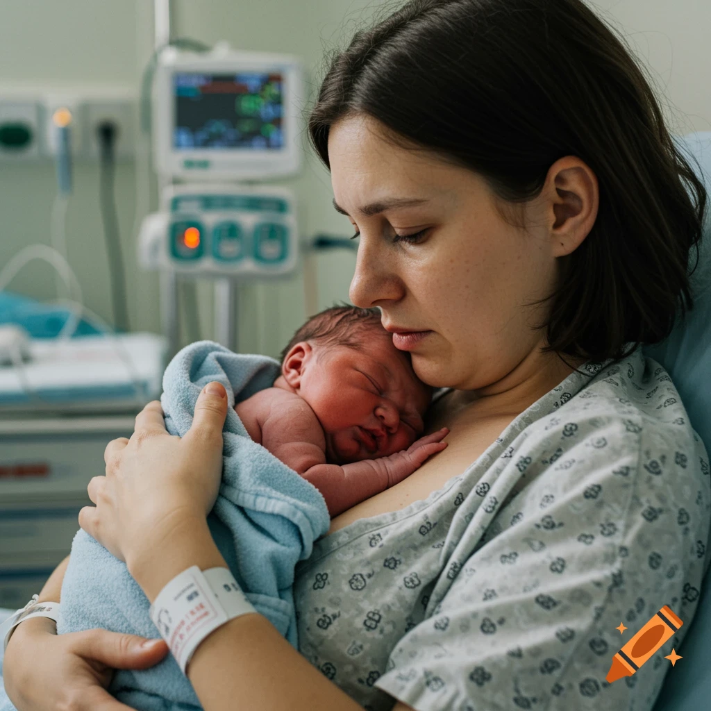 A mother holds her newborn baby wrapped in a blanket in a hospital room. on Craiyon