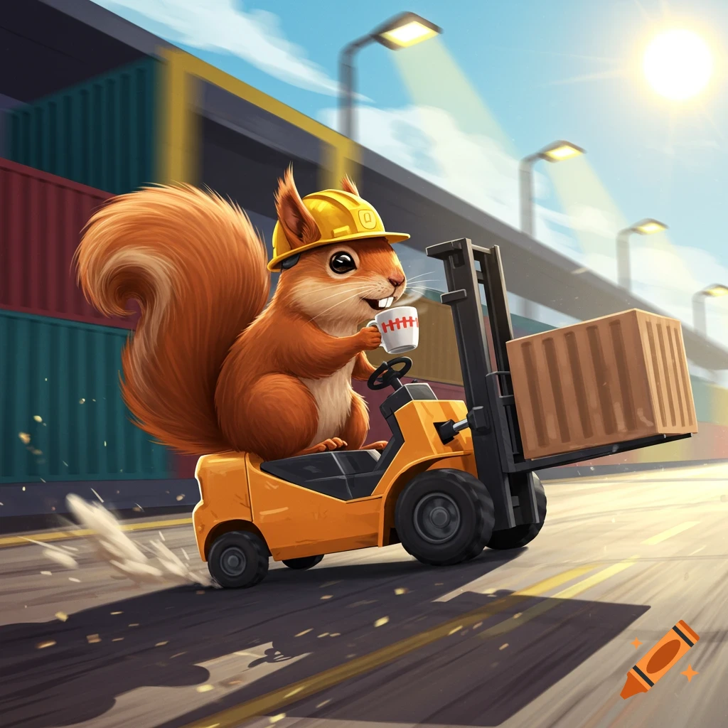 Squirrel driving a forklift drinking coffee on a loading dock on Craiyon