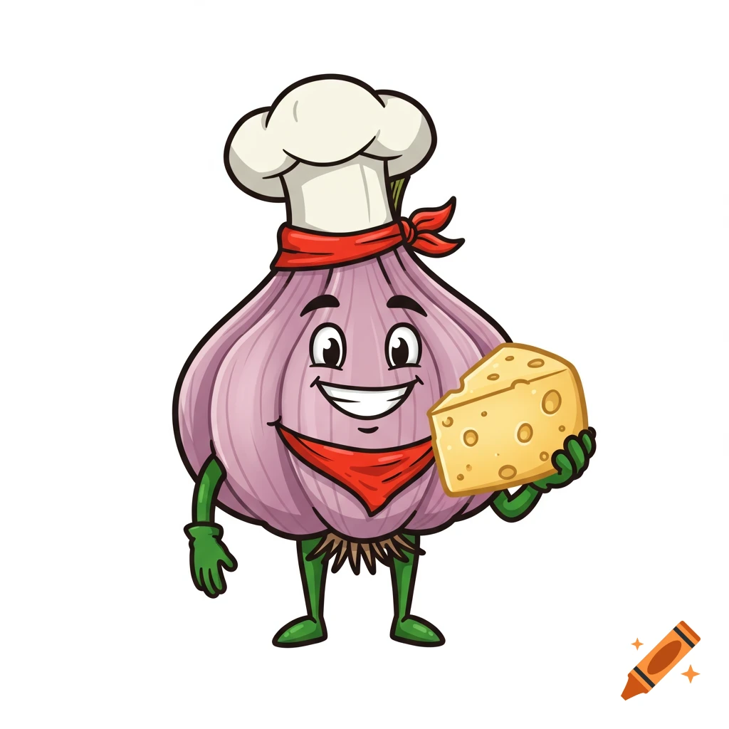 Cartoon garlic chef with Parmesan cheese on Craiyon