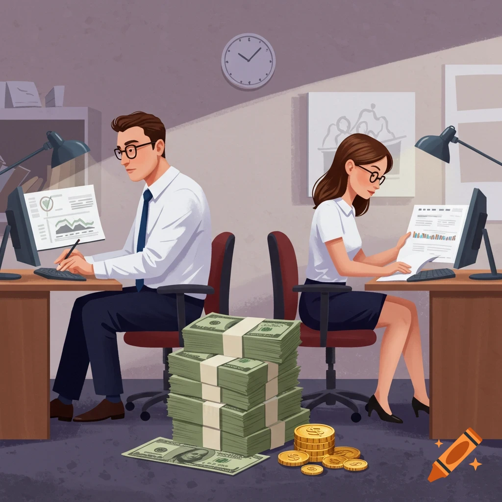 Gender pay gap illustration in an office setting on Craiyon