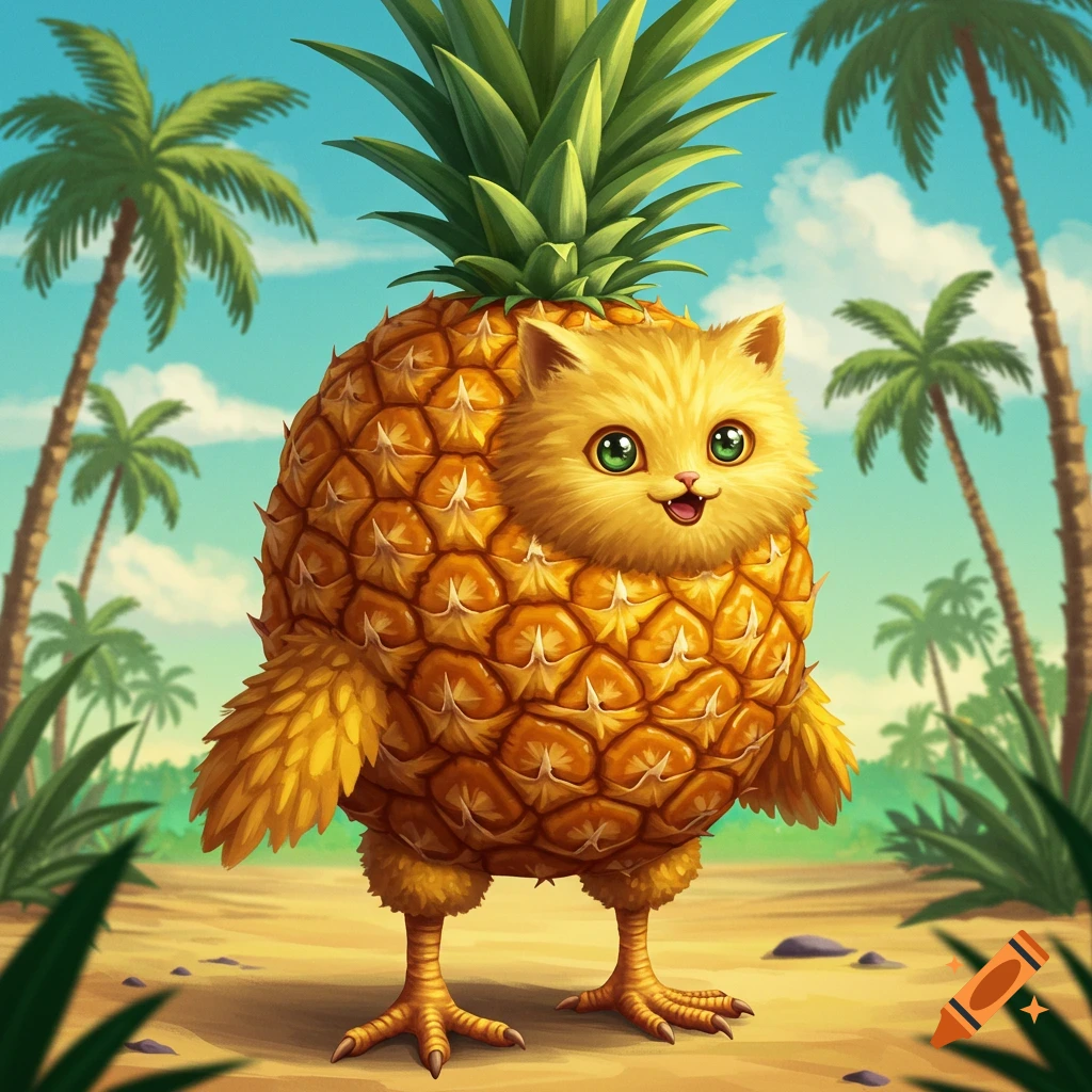 A pineapple chicken cat creature standing on a tropical beach path. on ...