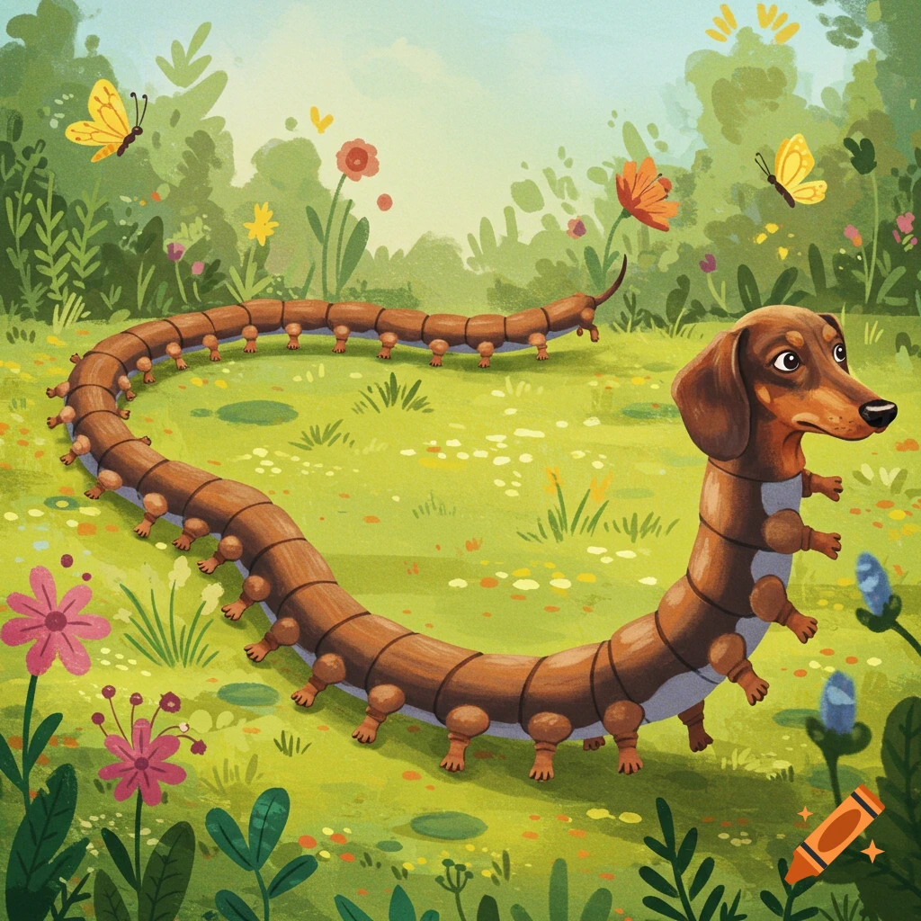 A long dachshund centipede is walking in a garden with flowers and ...