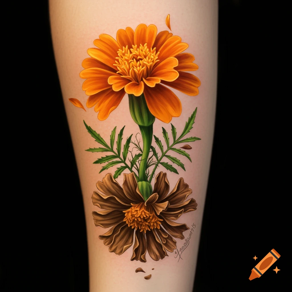 Tattoo design of intertwined alive and dead marigolds on Craiyon