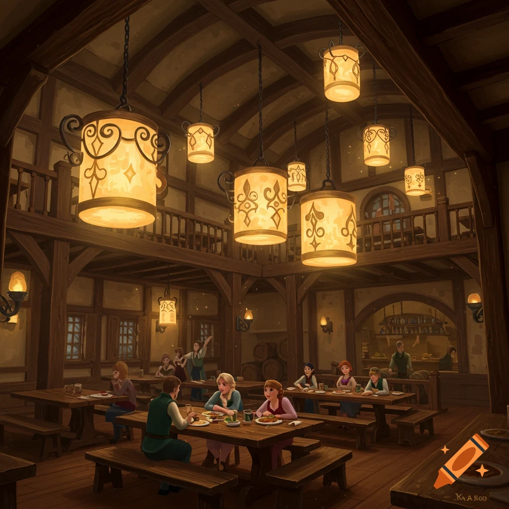 A bustling fantasy tavern interior with patrons seated at tables under ...