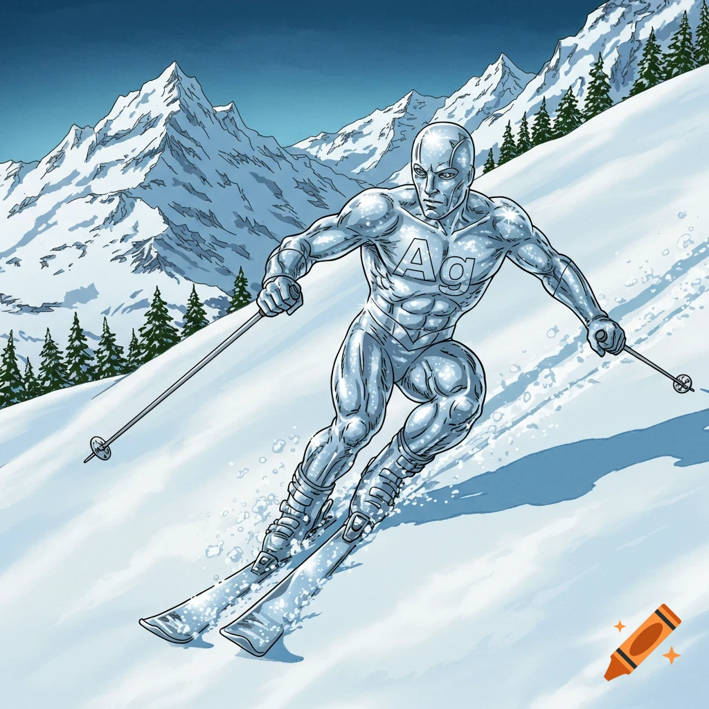 A silver superhero with the letters Ag on his chest skis down a snowy ...