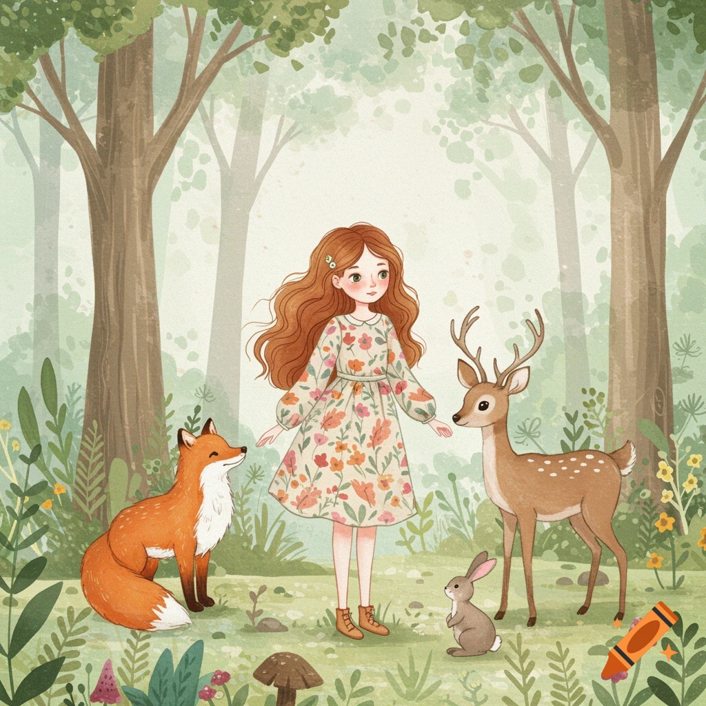 Whimsical watercolor illustration of a girl, fox, deer, and rabbit in a ...