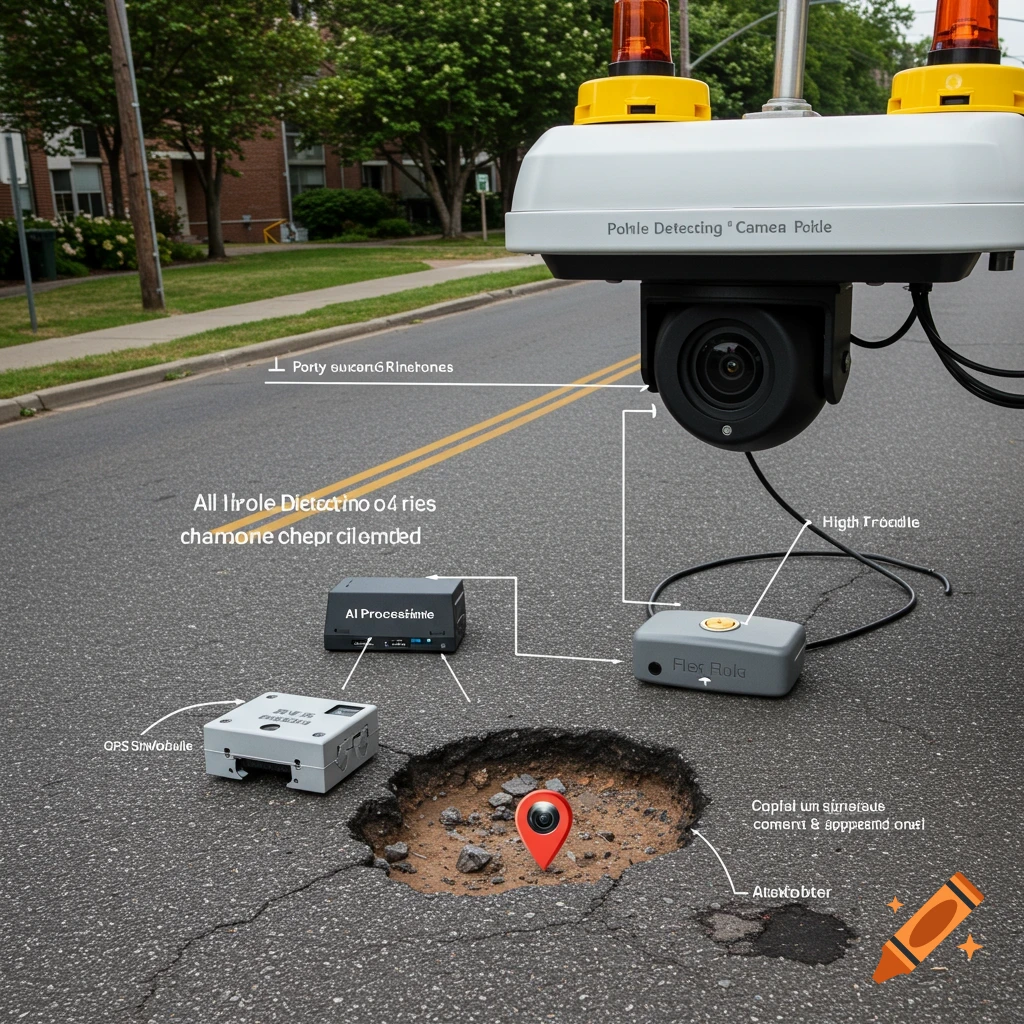 Pothole detecting camera system diagram for city roads on Craiyon