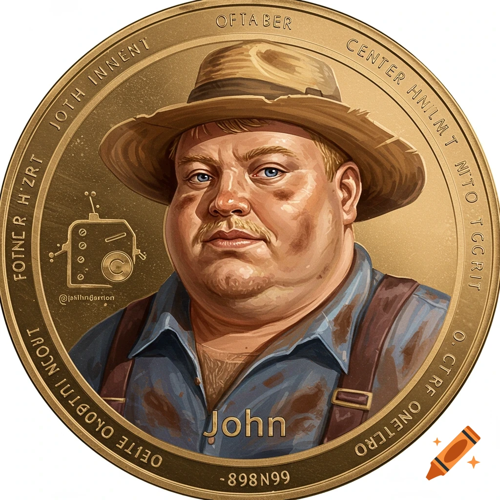 Crypto coin featuring a fat man named John with a mullet, dressed as a ...