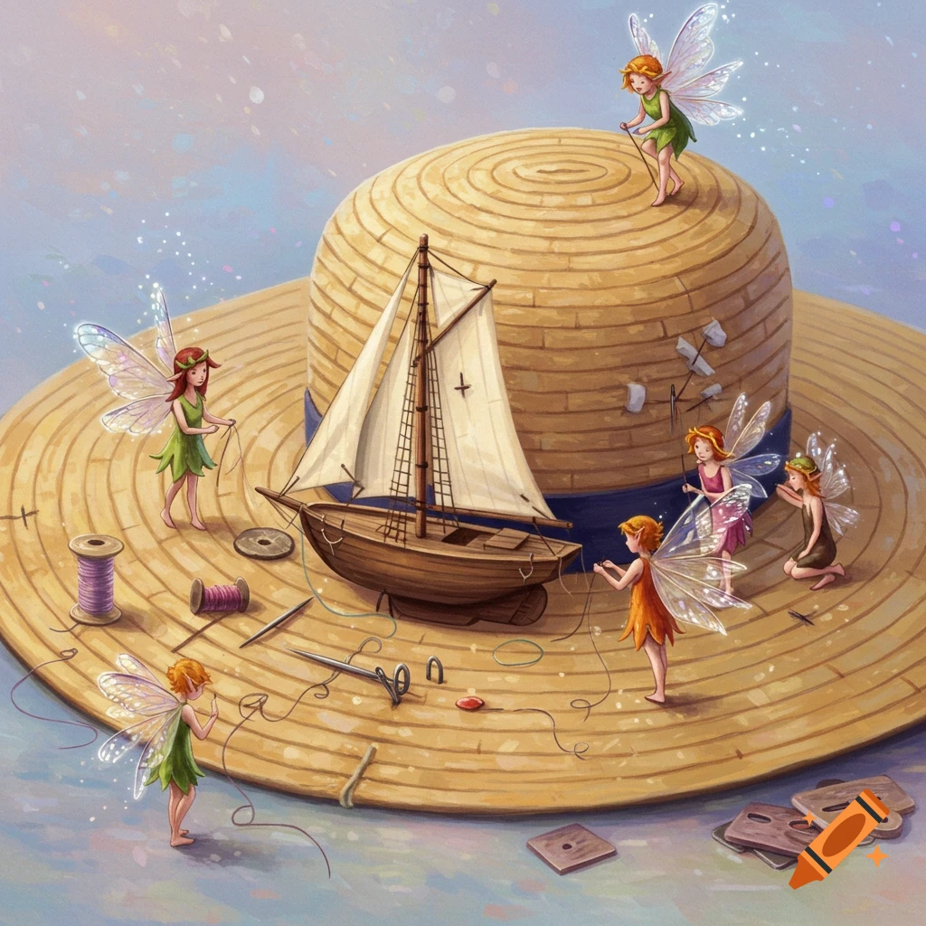 Fairies working on a sailboat on a straw hat with sewing supplies. on ...