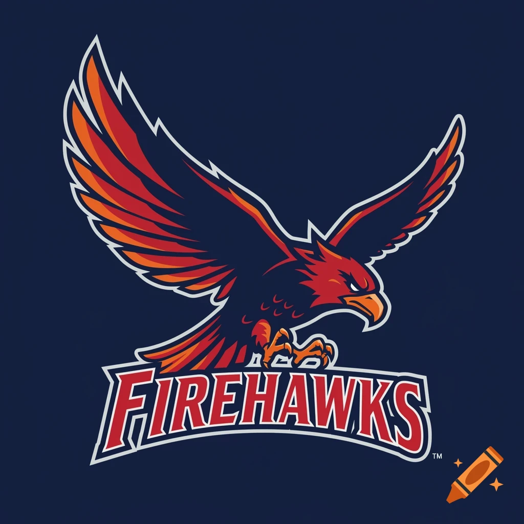 Firehawks youth baseball logo in navy, red, and white on Craiyon