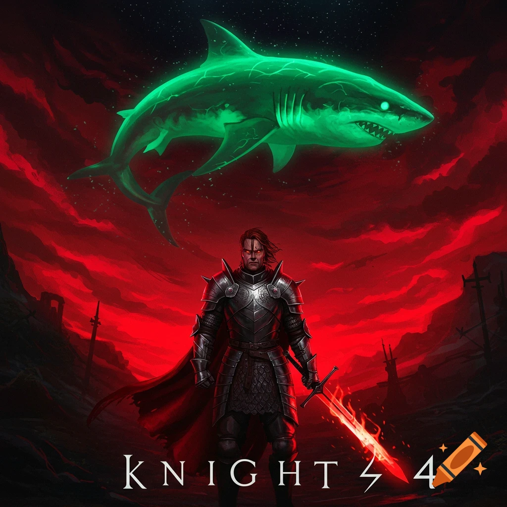Book cover with glowing green shark, red knight, and black knight on ...