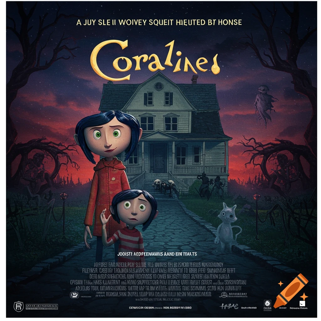 Movie poster of a haunted house with ghostly figures, Coraline movie ...
