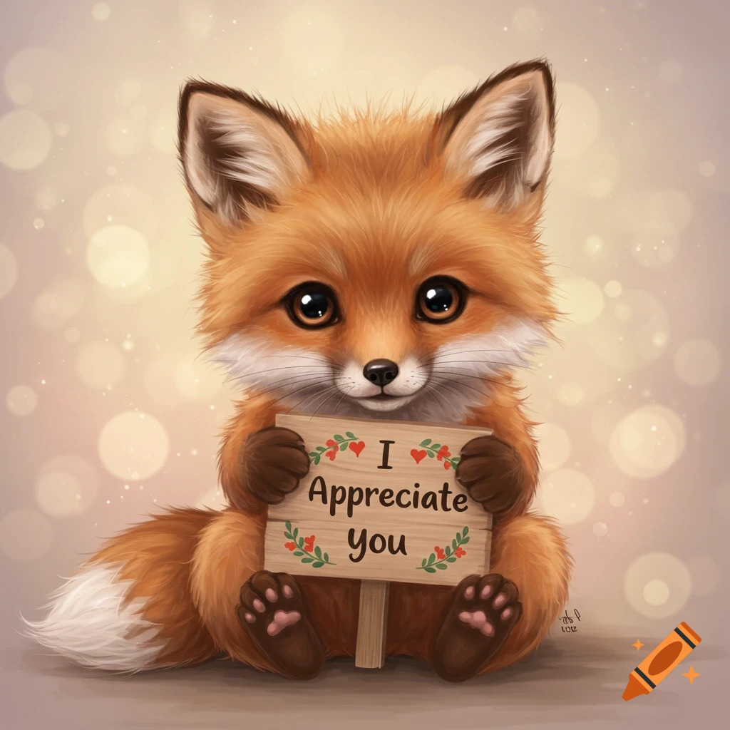 Baby fox holding a sign saying 'I appreciate you' on Craiyon