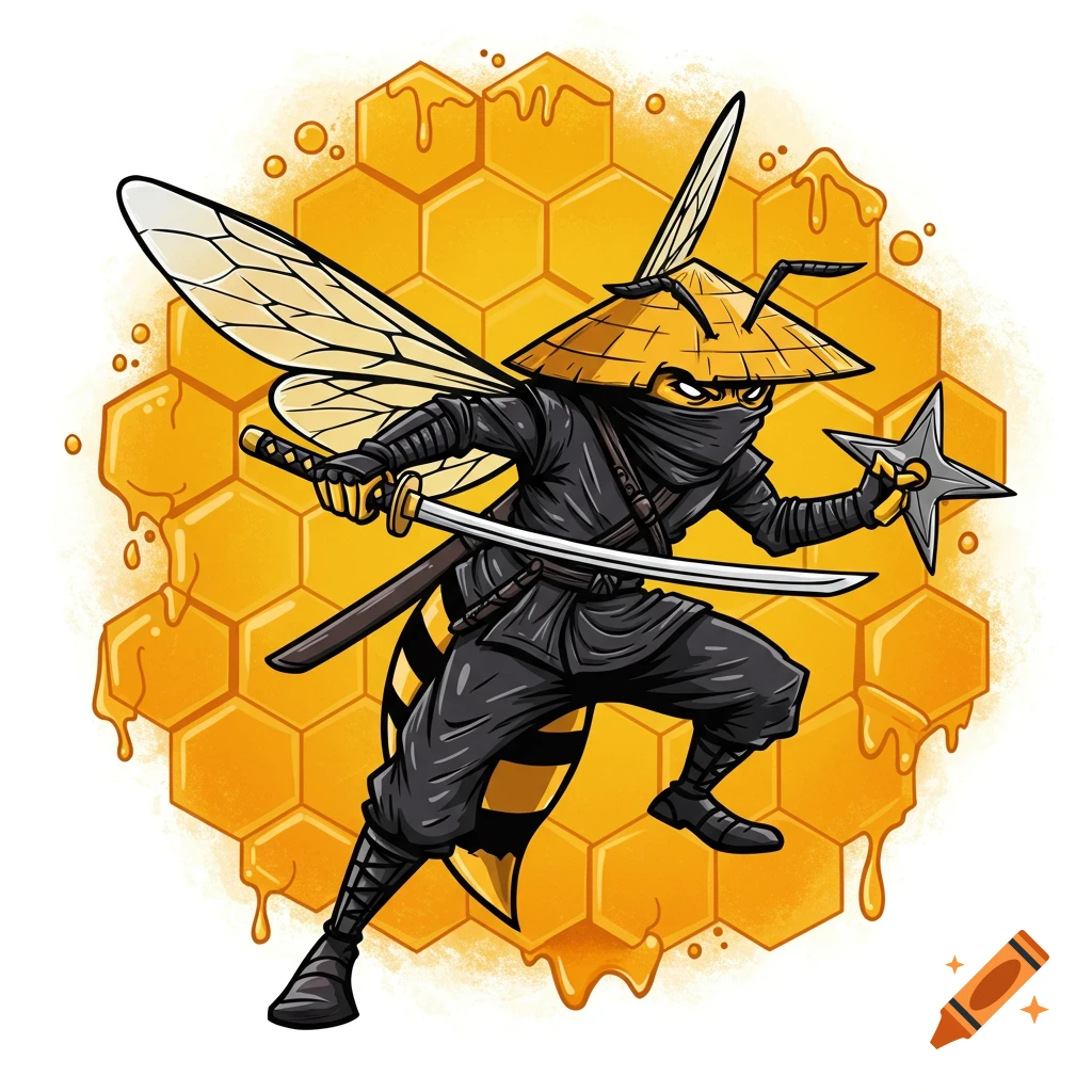 Ninja bee stencil art with honeycomb background on Craiyon