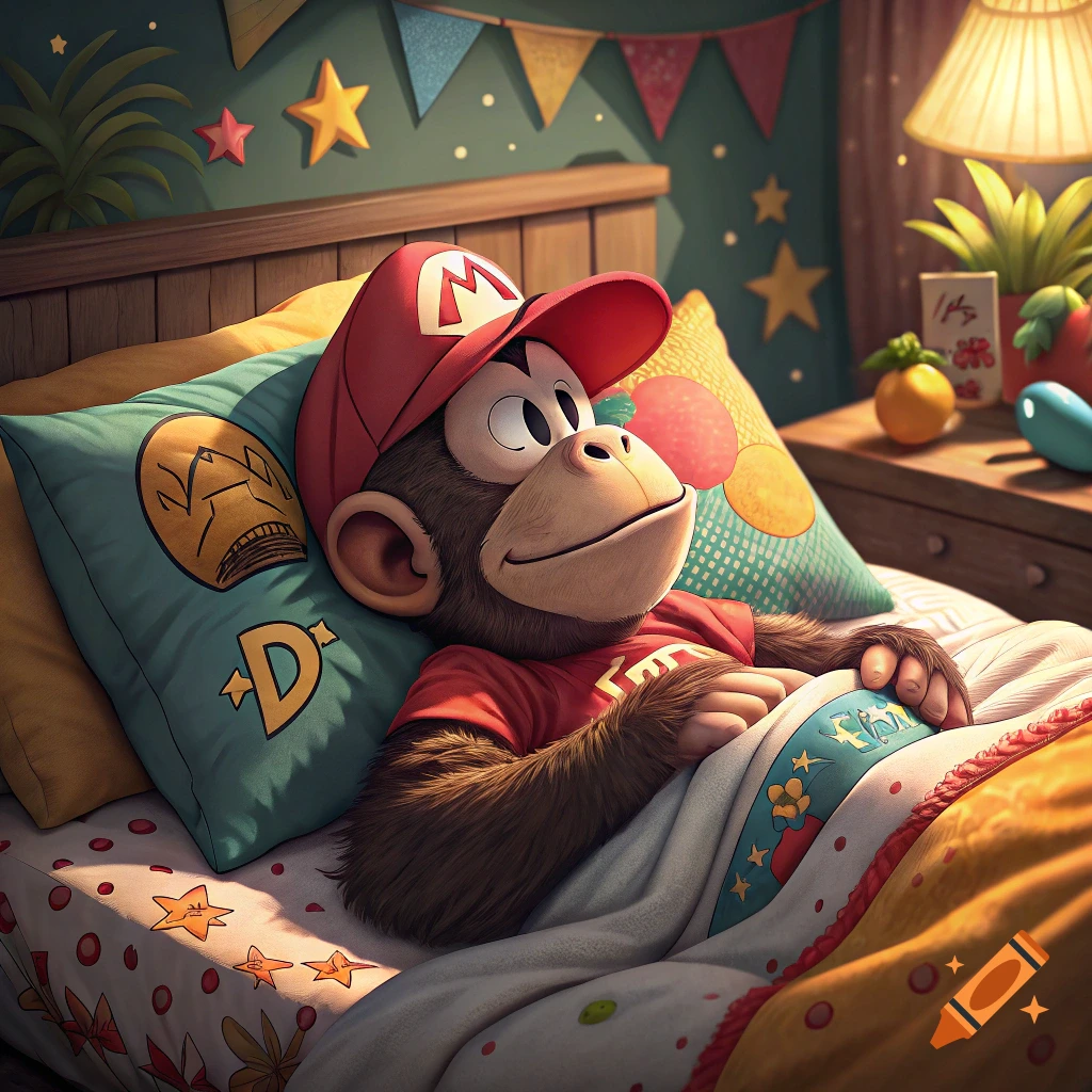 Cartoon monkey wearing a red cap and vest, sitting on a log in a jungle ...