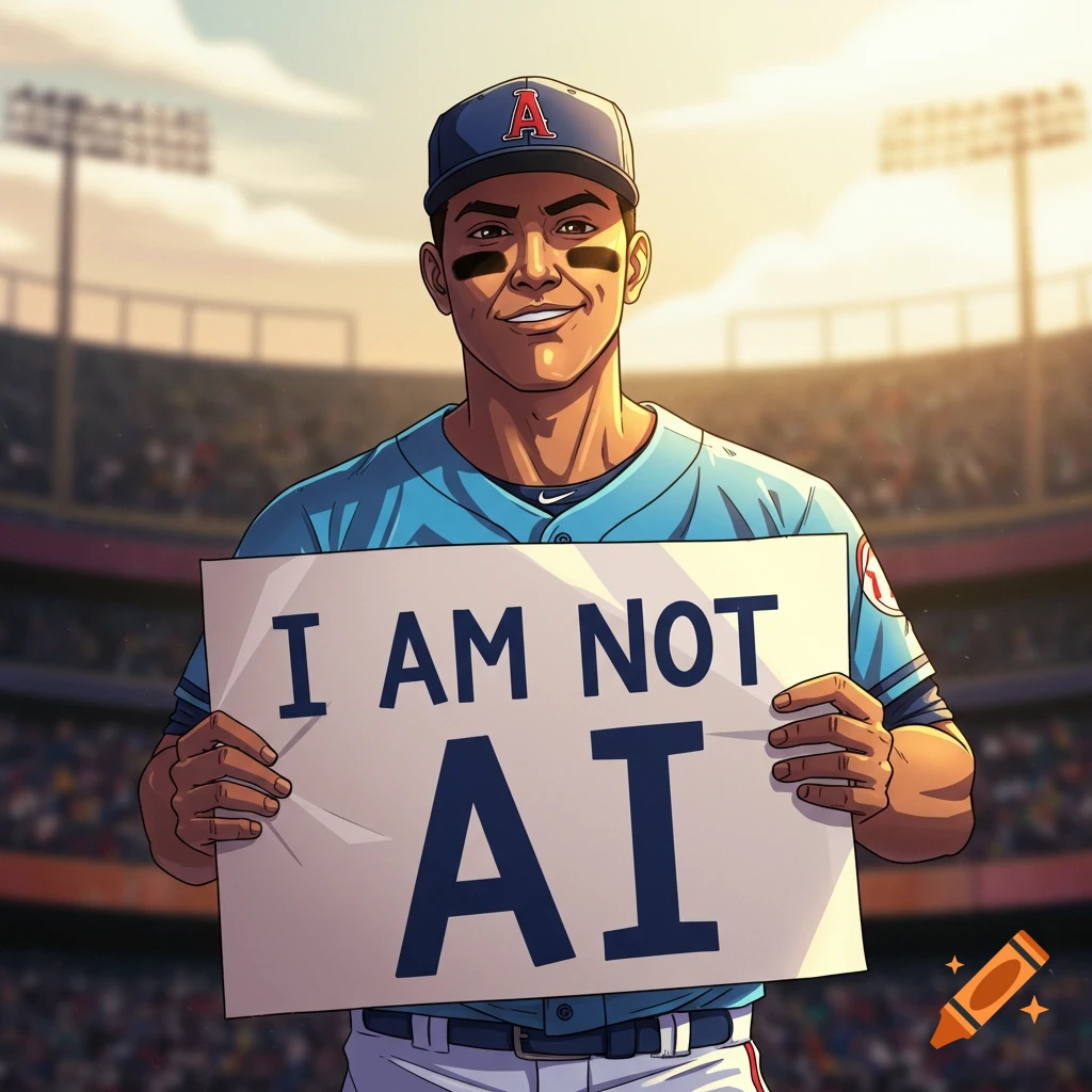 Baseball player holding an "I am not AI" sign on Craiyon