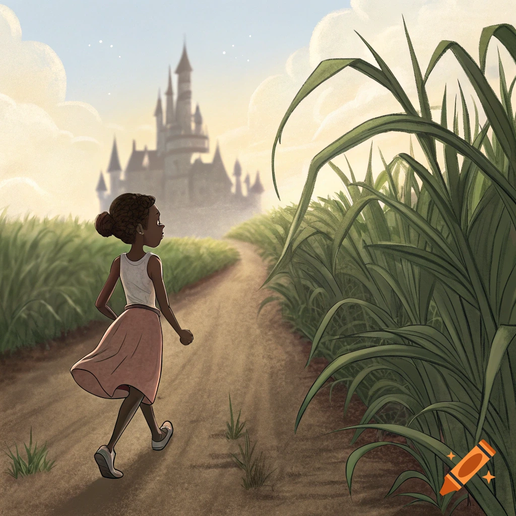 Brown girl walking away from blurry castle towards a sugar cane field ...