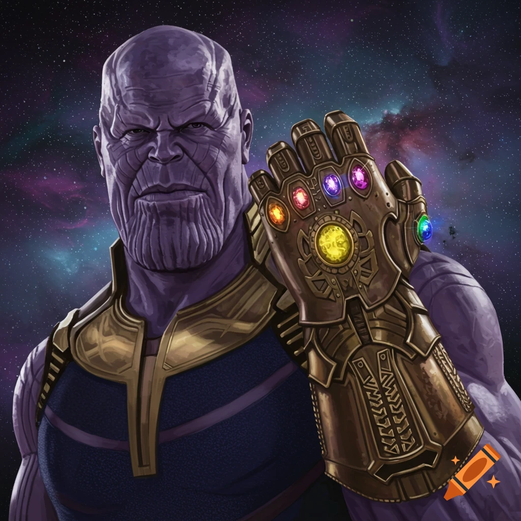 Comic book illustration of Thor raising Mjolnir against Thanos wielding the Infinity Gauntlet in ...