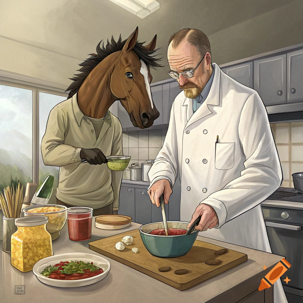 Walter White and Bojack Horseman cooking in a kitchen, illustration. on ...
