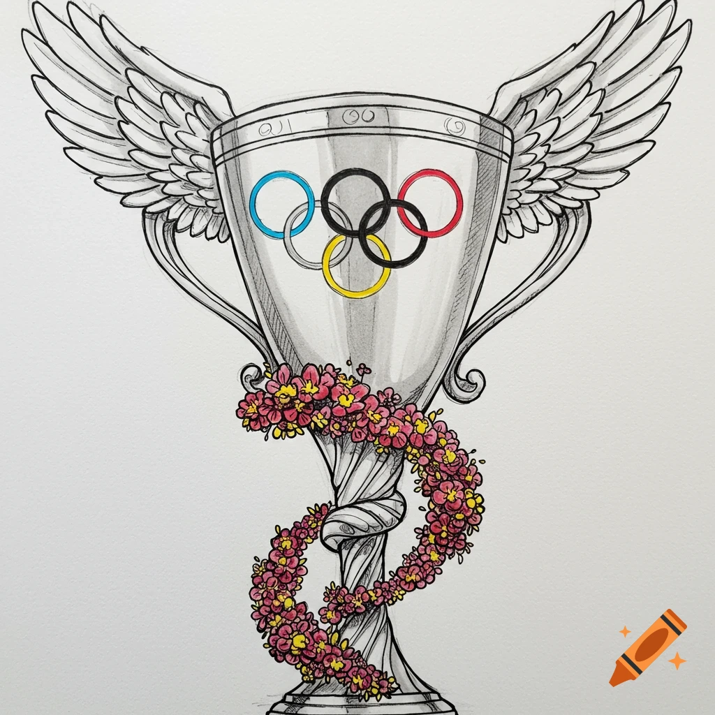 Sketch of Olympic logo on winged trophy with floral spiral on Craiyon