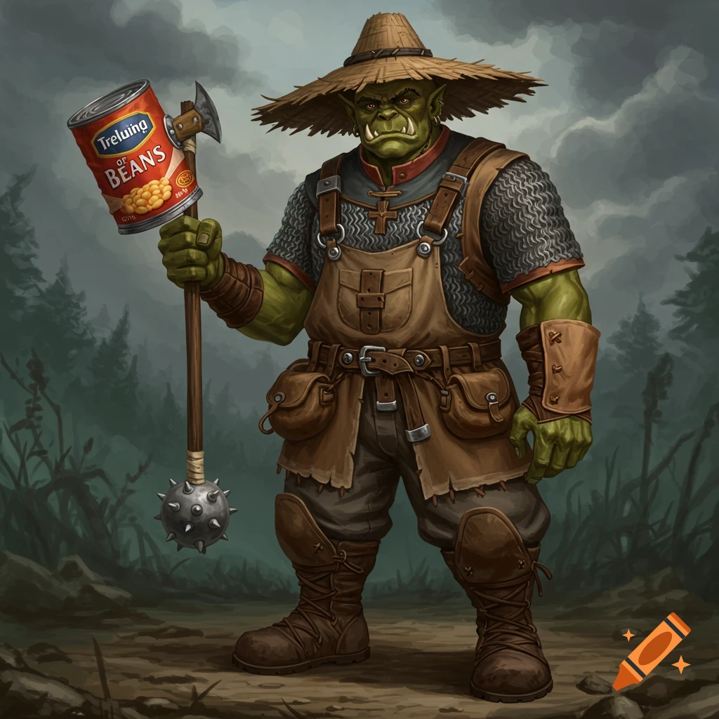 An orc wearing overalls and a straw hat is holding a mace made from a ...
