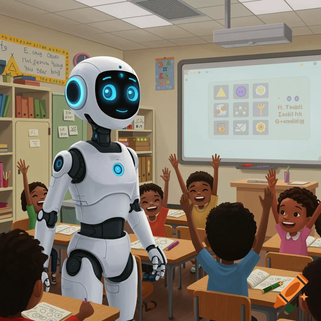 Robot AI teacher in a classroom with happy children on Craiyon