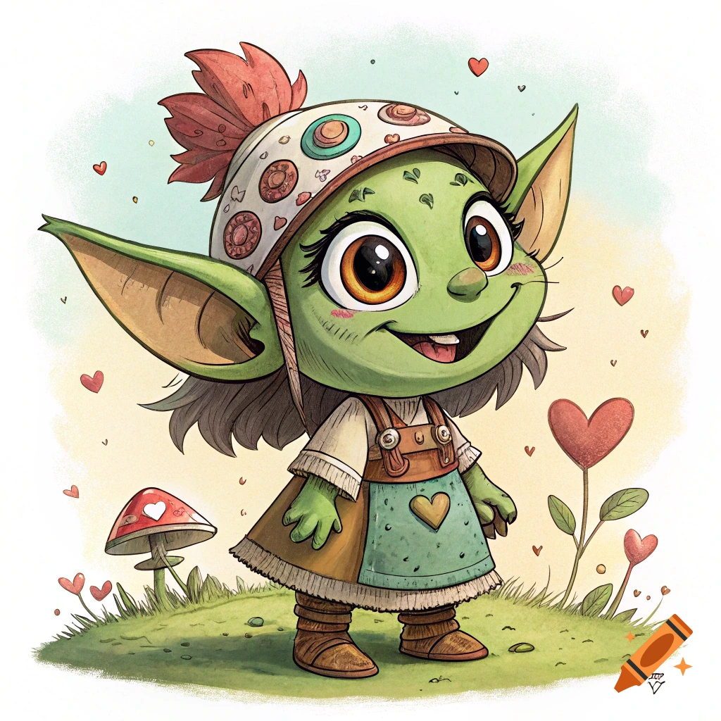 A cute cartoon female goblin wearing a hat and overalls stands near a ...