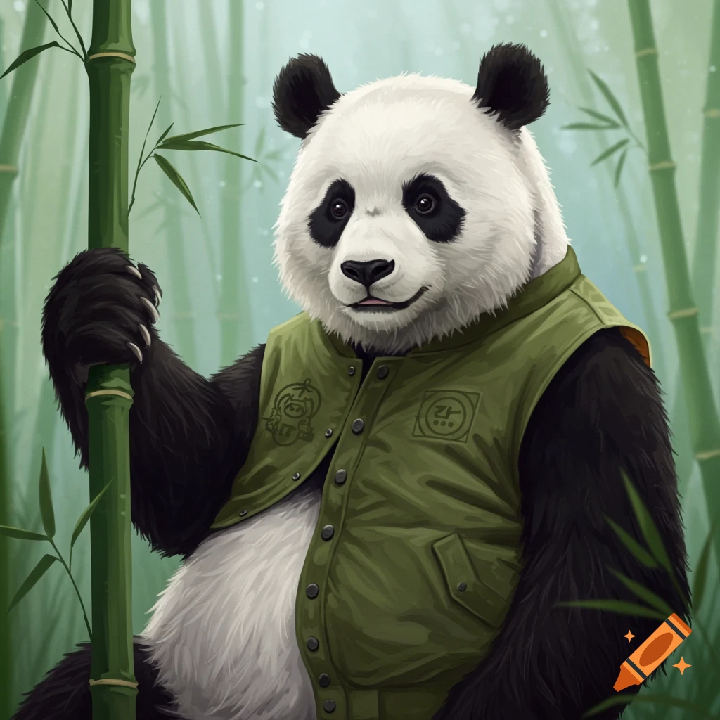 A panda wearing a green bomber vest in a bamboo forest on Craiyon