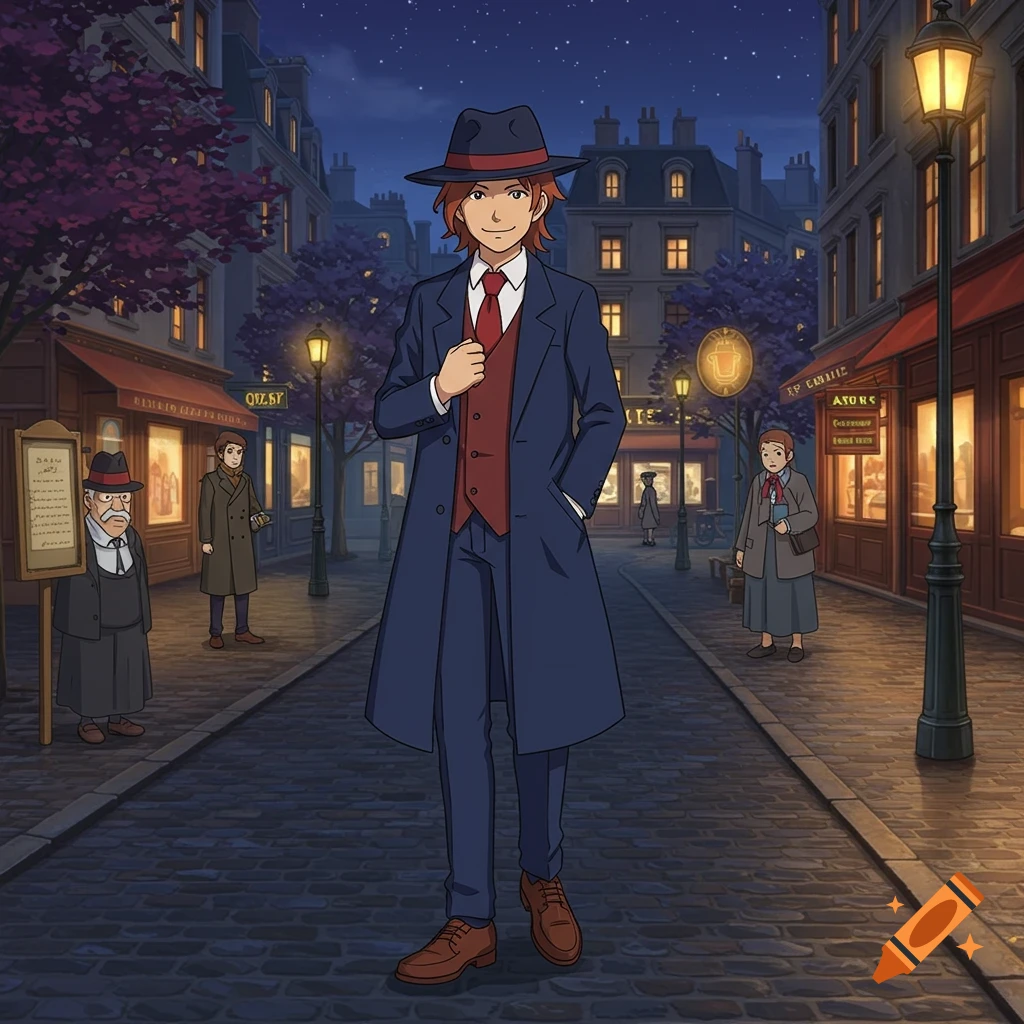 Anime character in a dark green trench coat and fedora stands in a city ...