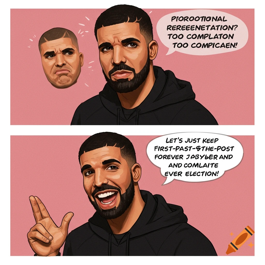 Drakeposting meme about voting systems on Craiyon