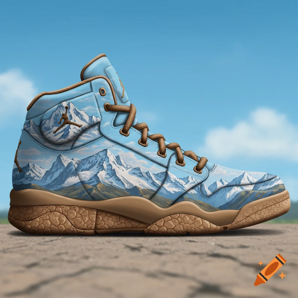 Realistic side view of Air Jordan shoe with bluish glowing background ...