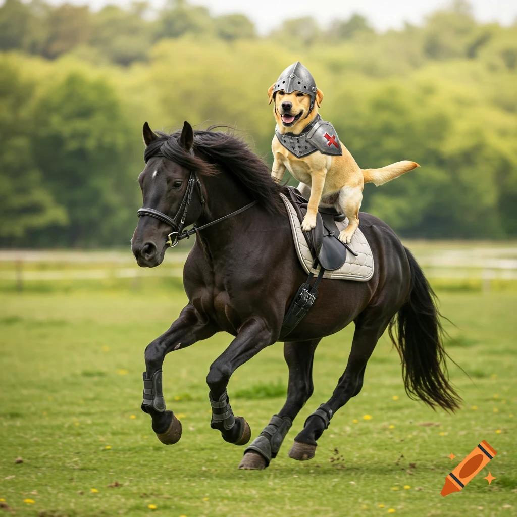 Labrador dog riding a black horse with knight's helmet on Craiyon