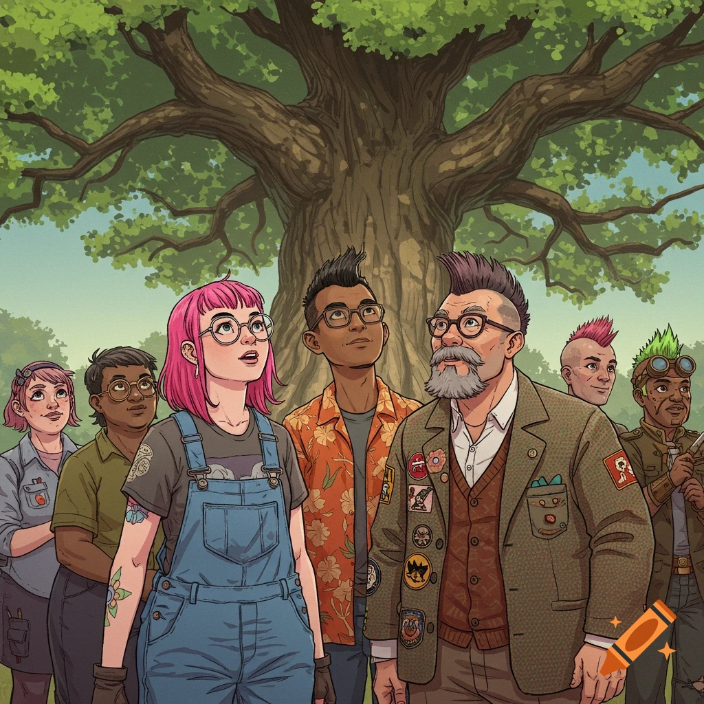 A diverse group of people walks along a sunlit path through a lush ...