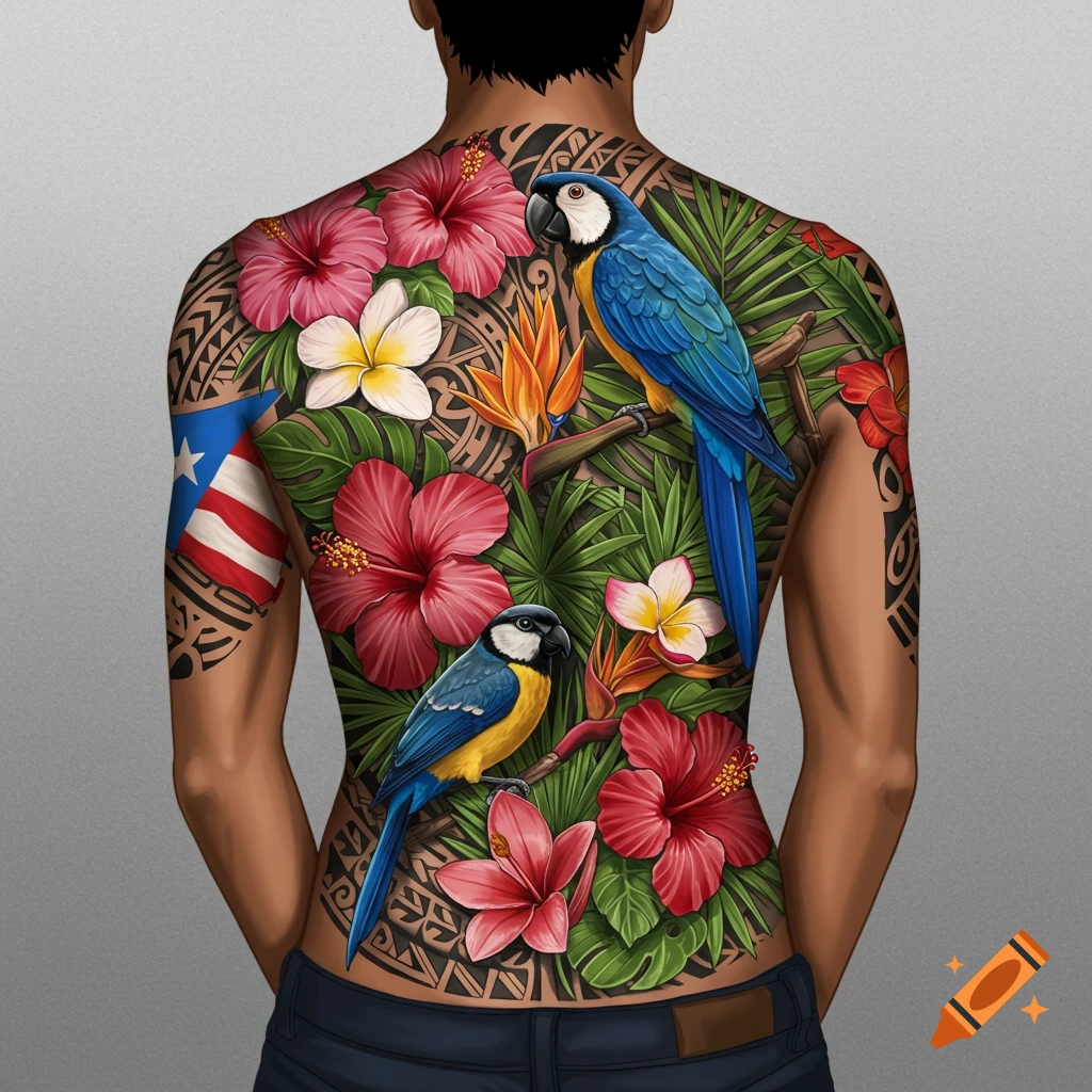 Back mural tattoo inspired by Puerto Rican flora and fauna on Craiyon