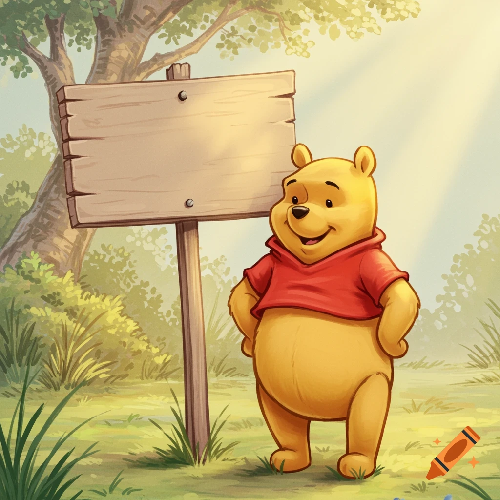 Winnie the Pooh next to a blank wooden sign on Craiyon