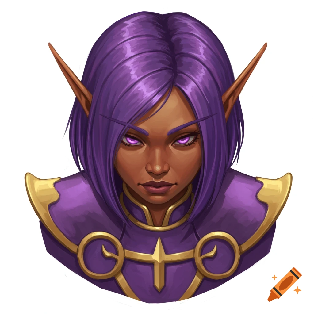 Fantasy Female Elven Cleric with purple hair in clerical robes on Craiyon