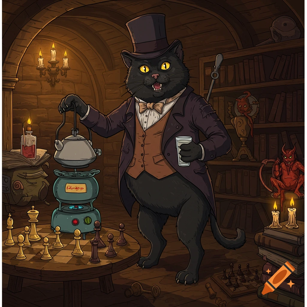 Behemoth the black cat in tailcoat and top hat with vodka glass, Bosch ...