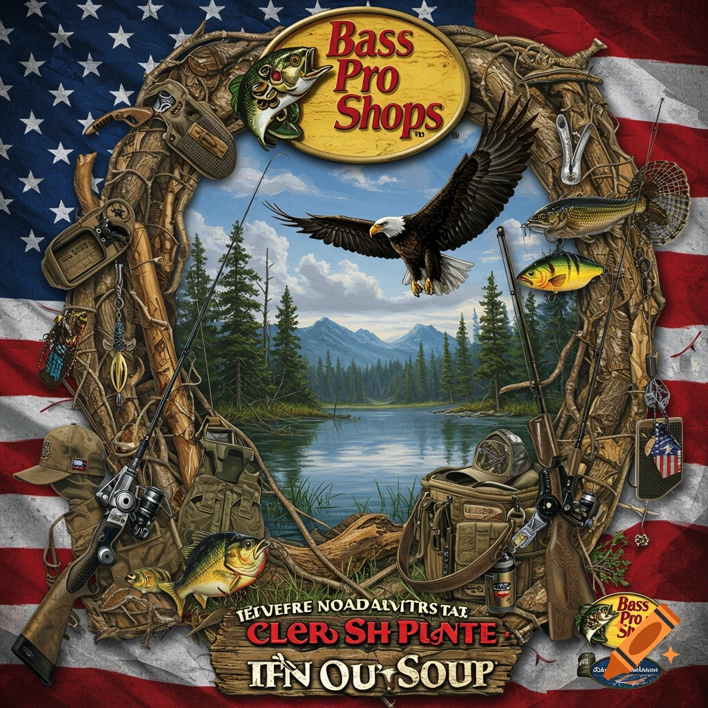 Bass Pro Shop meets Courtesy of the Red, White, and Blue design on Craiyon