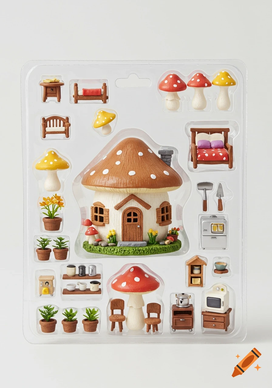 Miniature house pack with mushroom furniture on Craiyon