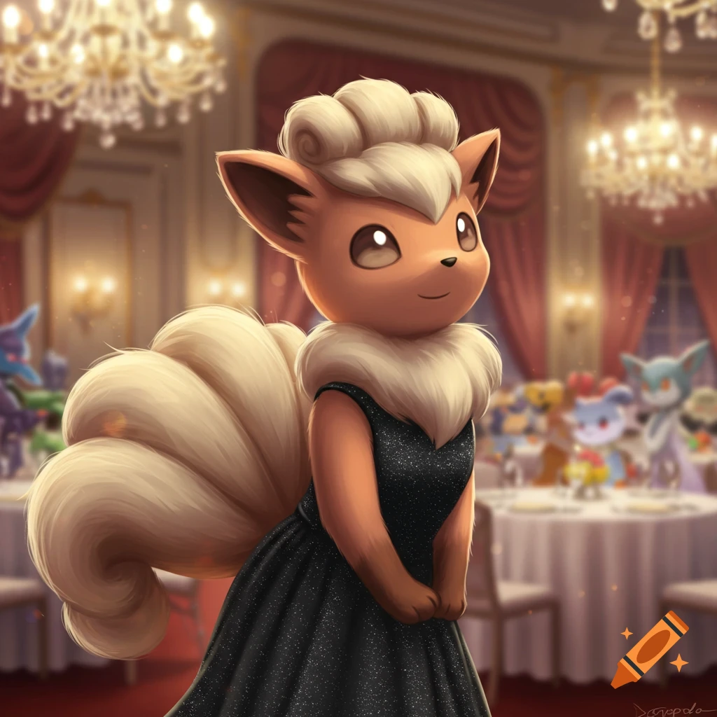 Vulpix in a black dress at a formal gala event on Craiyon