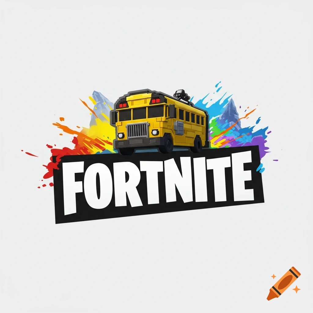 Fortnite logo with the battle bus above the text on a paint splatter ...
