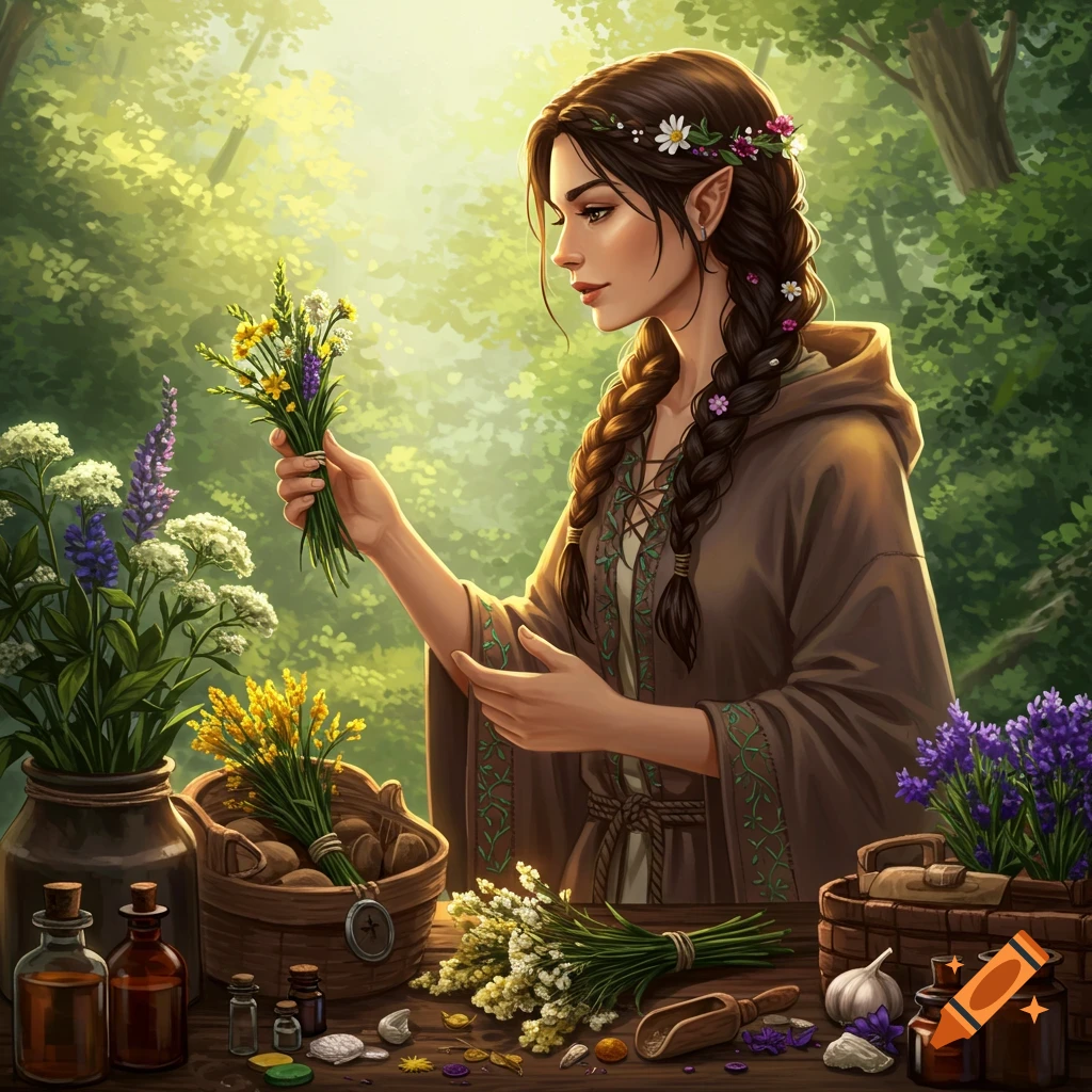 Woman healer with herbs in woods using natural medicine remedies ...