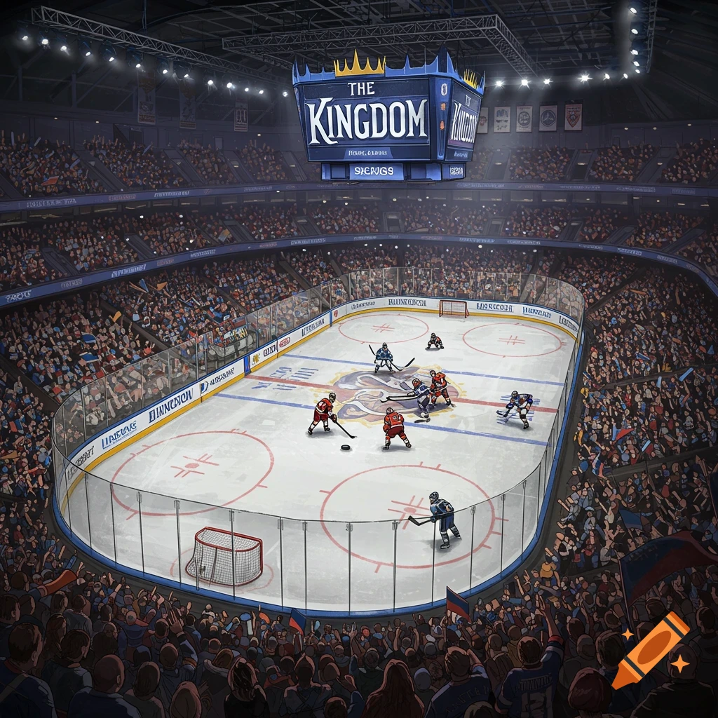 An ice hockey game in a large arena filled with spectators. on Craiyon