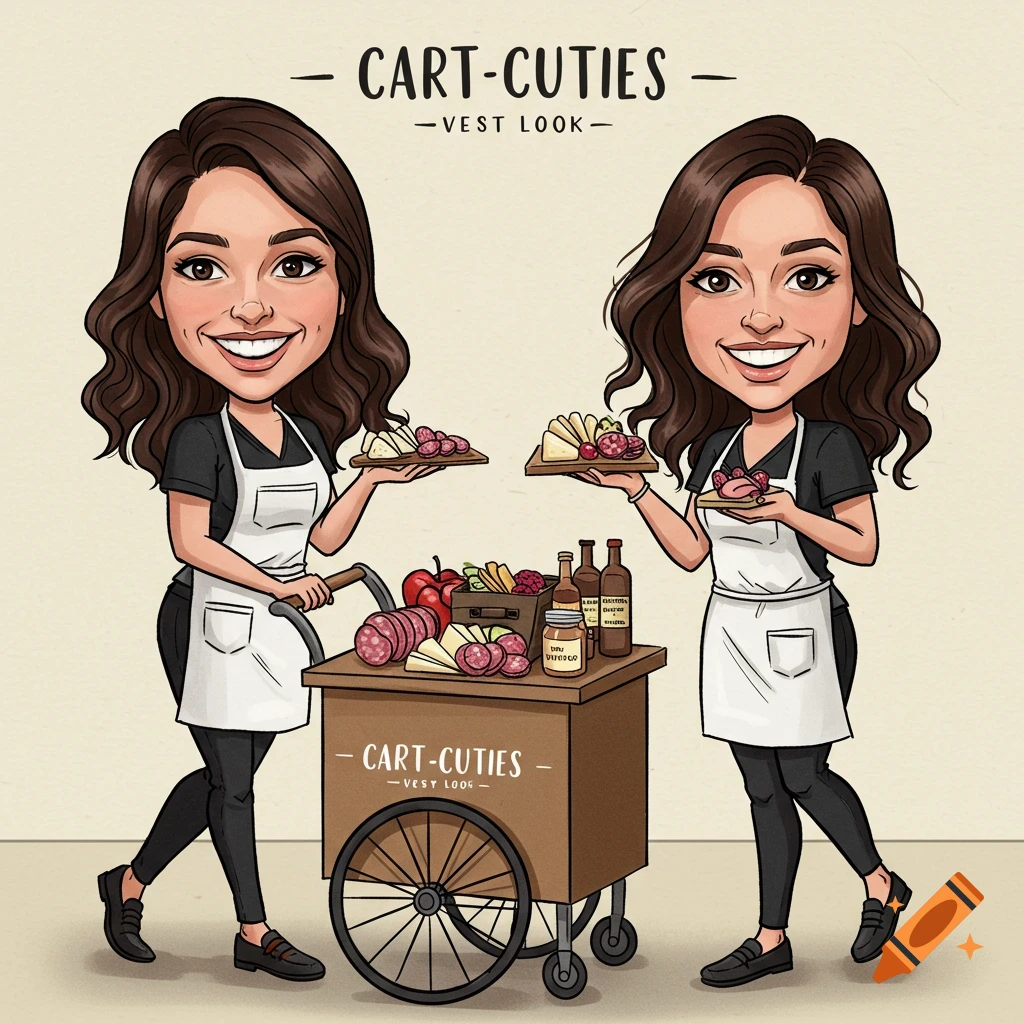 Two cartoon women with a charcuterie cart and charcuterie boards. on ...