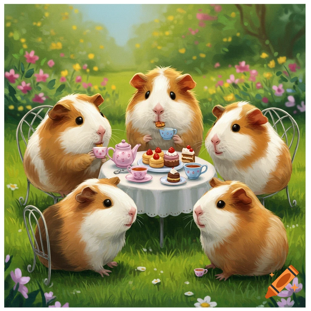 Five cute guinea pigs having a tea party at a table in a garden. on Craiyon