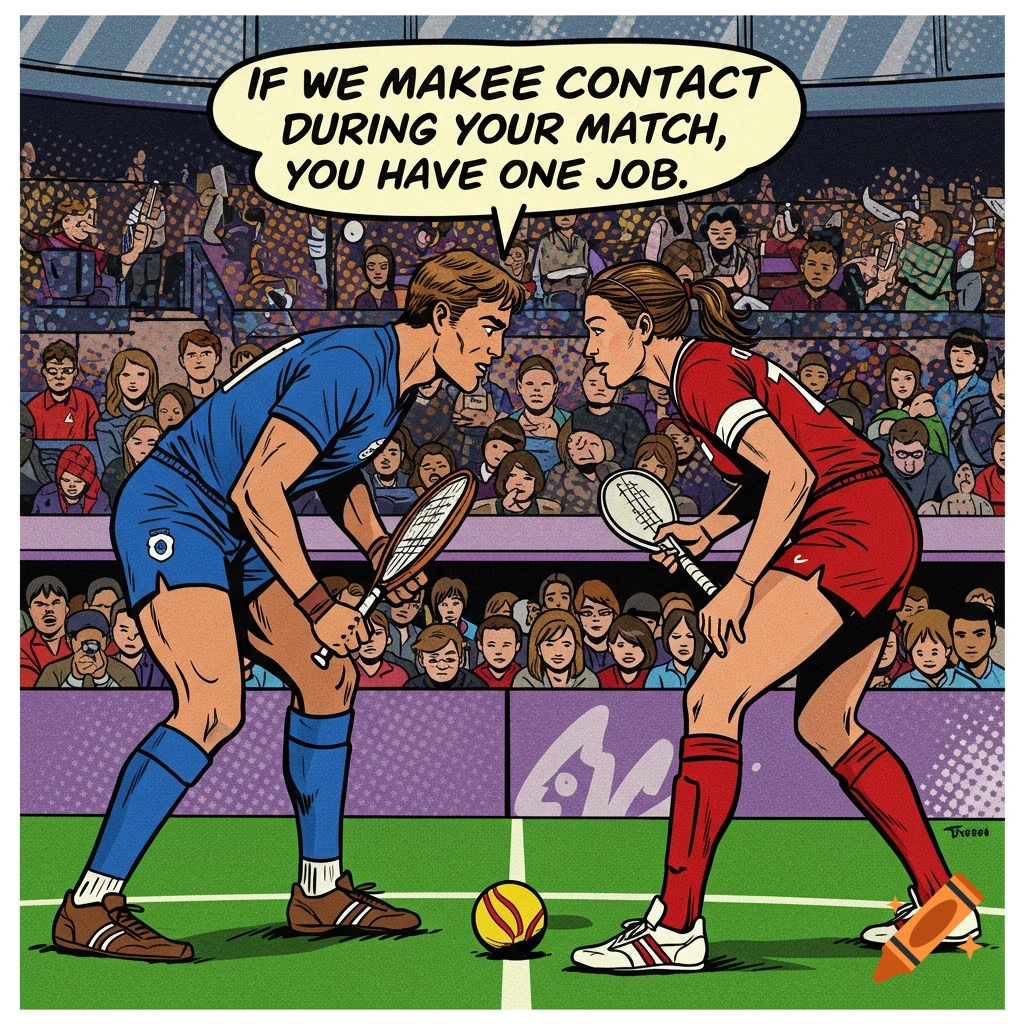 Comic book illustration of two tennis players on a court with a speech ...