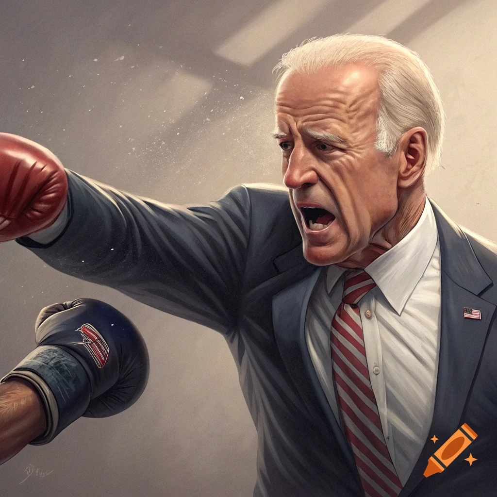 Illustration of Joe Biden in a suit and boxing gloves, punching. on Craiyon