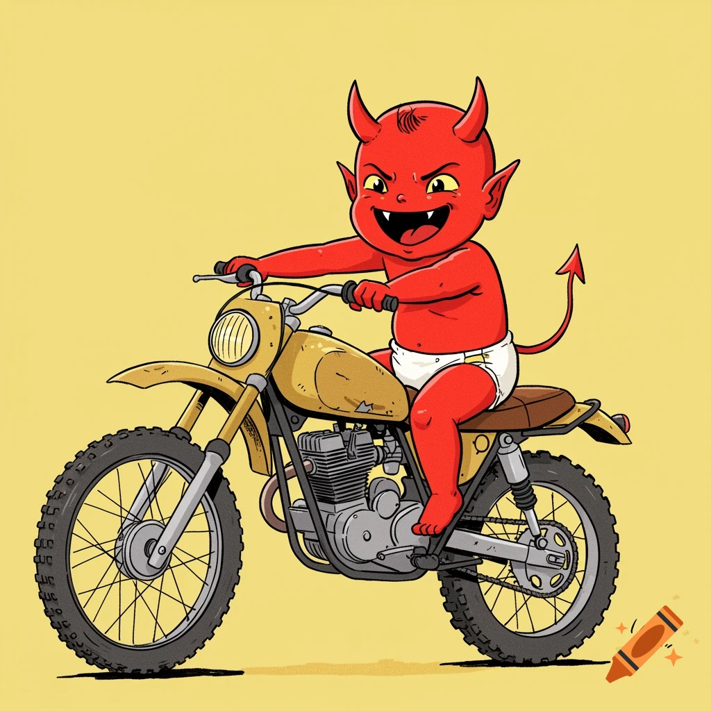 Hot Stuff devil baby riding a vintage dirt bike, comic style on Craiyon